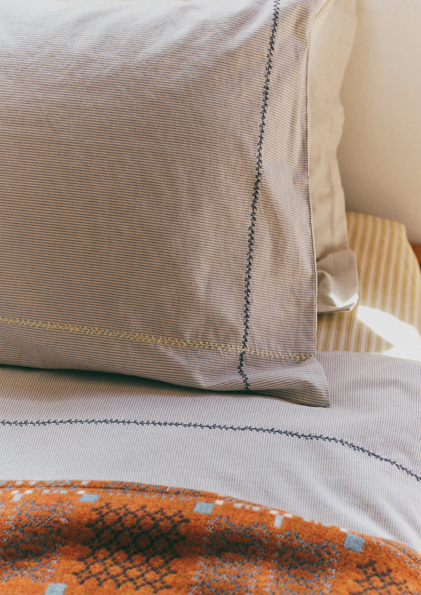 Fine Stripe Organic Cotton Embroidered Pillowcase | Ecru/Smoke Blue | TOAST