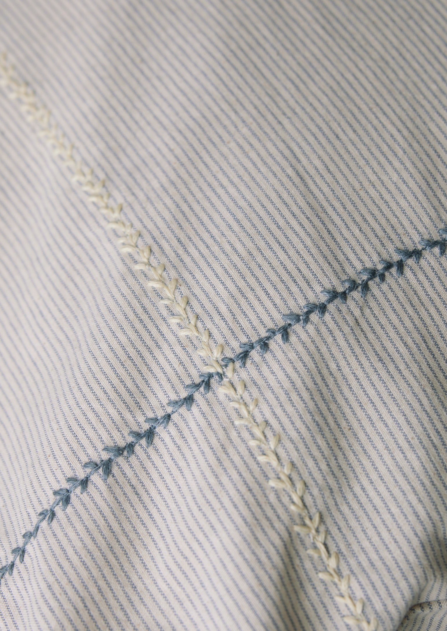 Fine Stripe Organic Cotton Embroidered Pillowcase | Ecru/Smoke Blue | TOAST