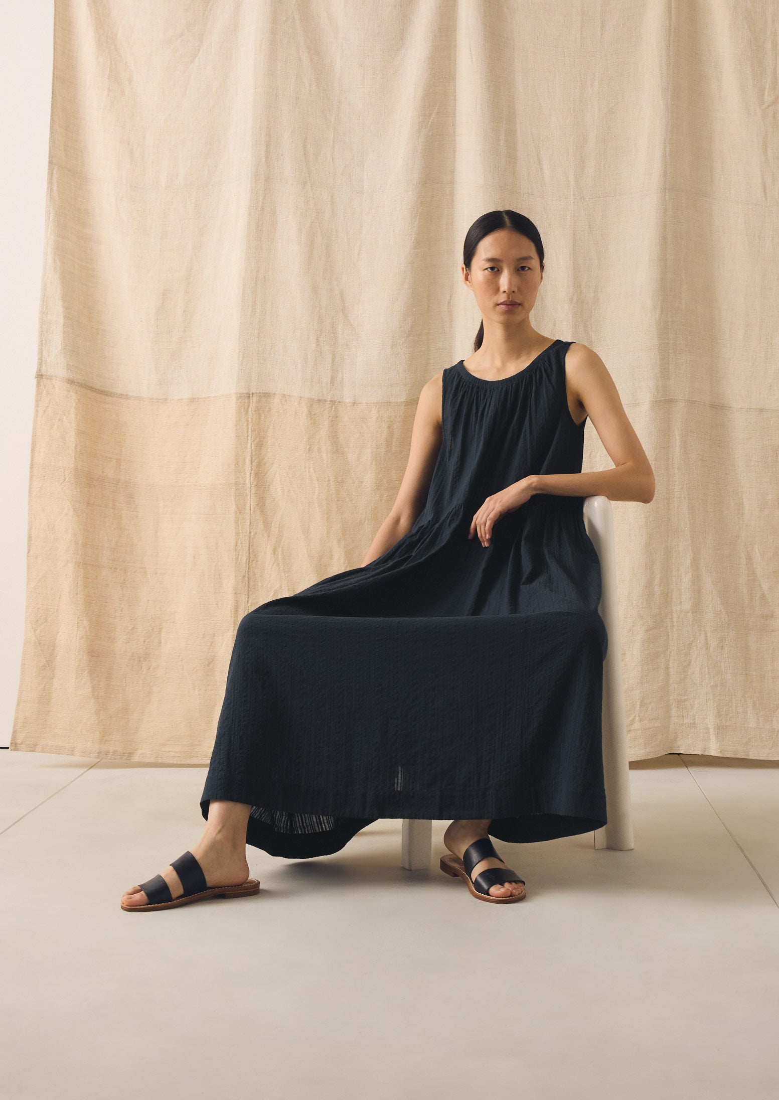 Lightweight Cotton Seersucker Dress | Navy | TOAST
