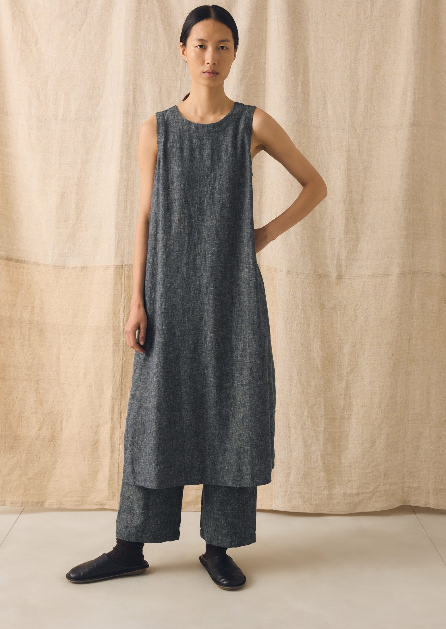 Linen Cotton Twill Apron Shift Dress | Navy/Ecru | TOAST