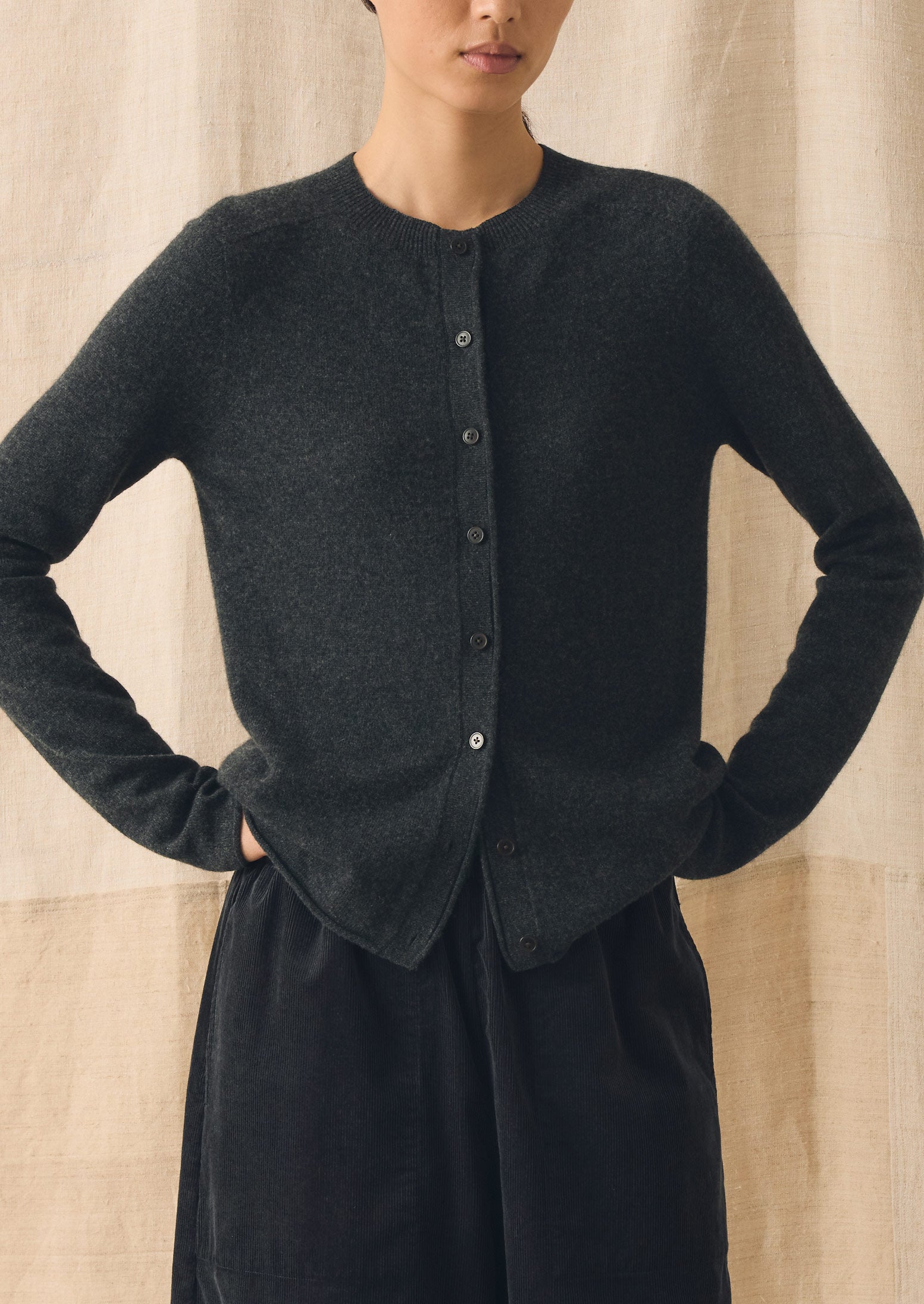 Wool Cashmere Neat Cardigan | Charcoal | TOAST