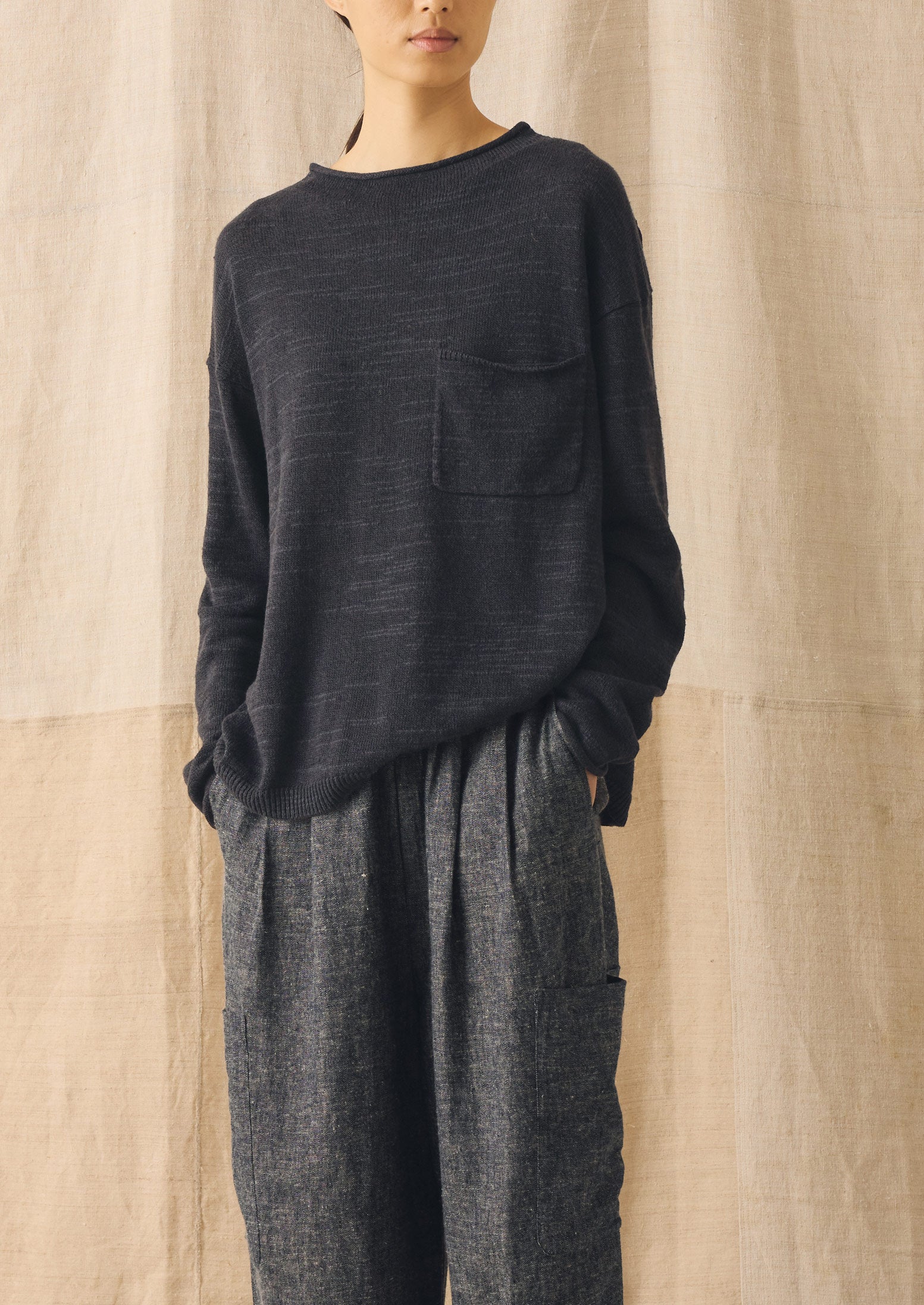 Linen Cotton Fine Knit Sweater | Dark Navy | TOAST