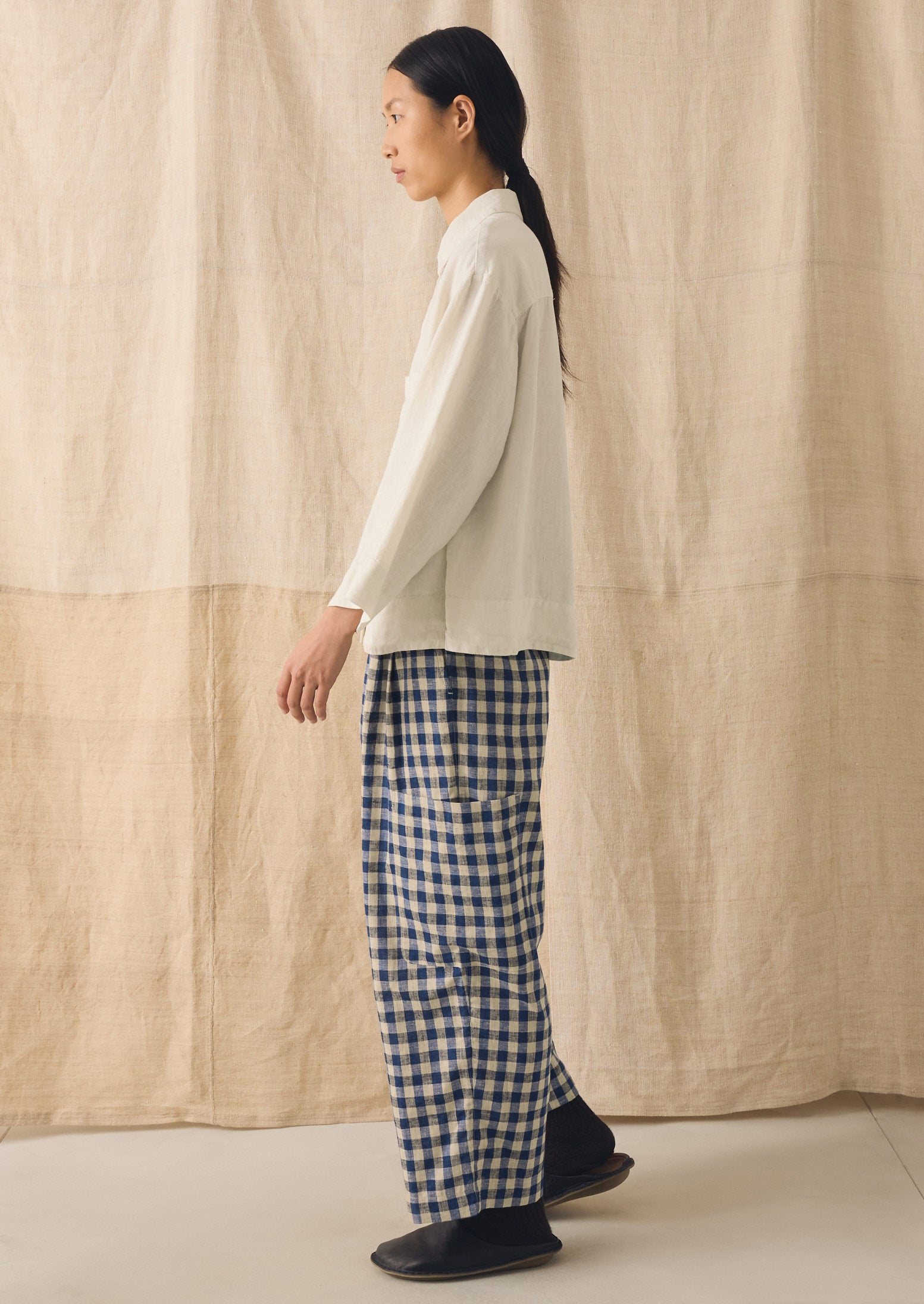 Gingham Linen Cotton Patch Pocket Trousers | Denim Blue | TOAST