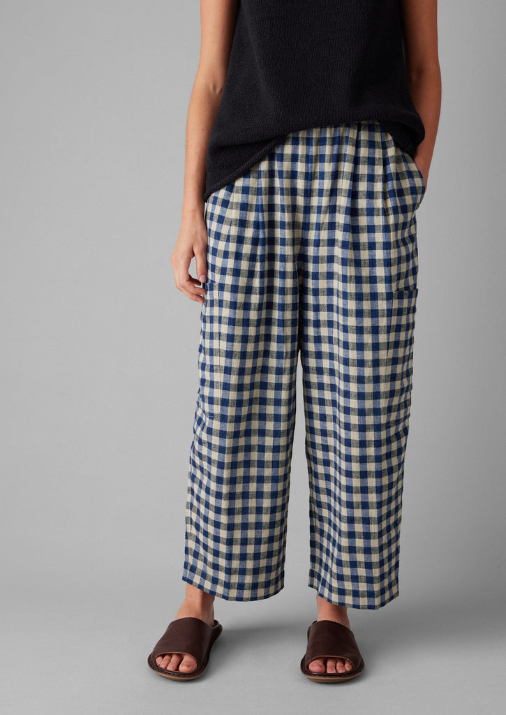 Gingham Linen Cotton Patch Pocket Trousers | Denim Blue | TOAST