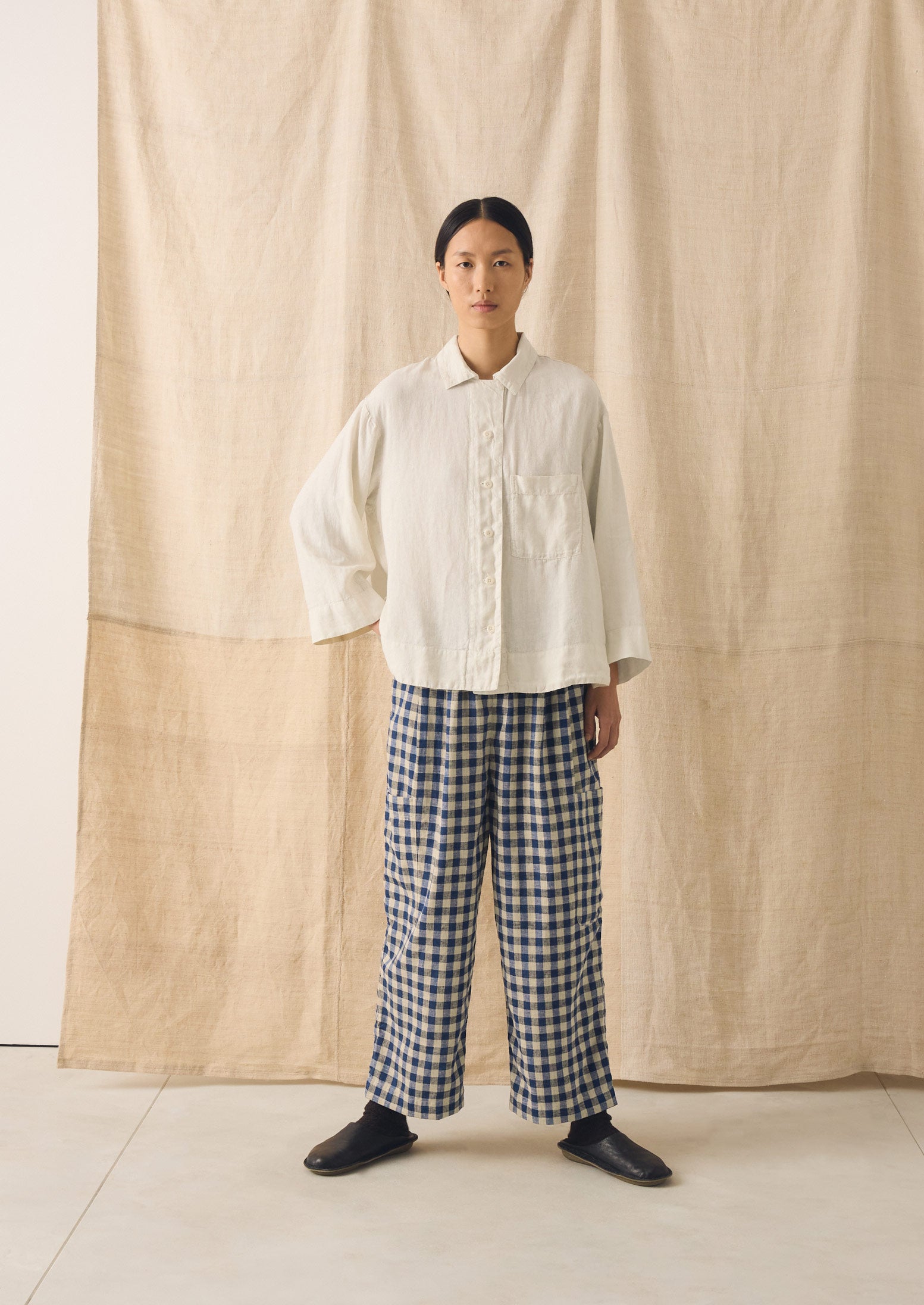 Gingham Linen Cotton Patch Pocket Trousers | Denim Blue | TOAST