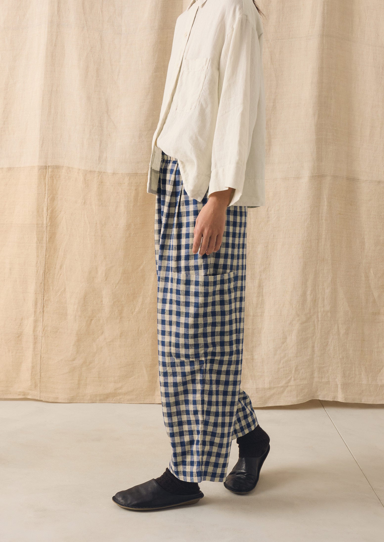 Gingham Linen Cotton Patch Pocket Trousers | Denim Blue | TOAST