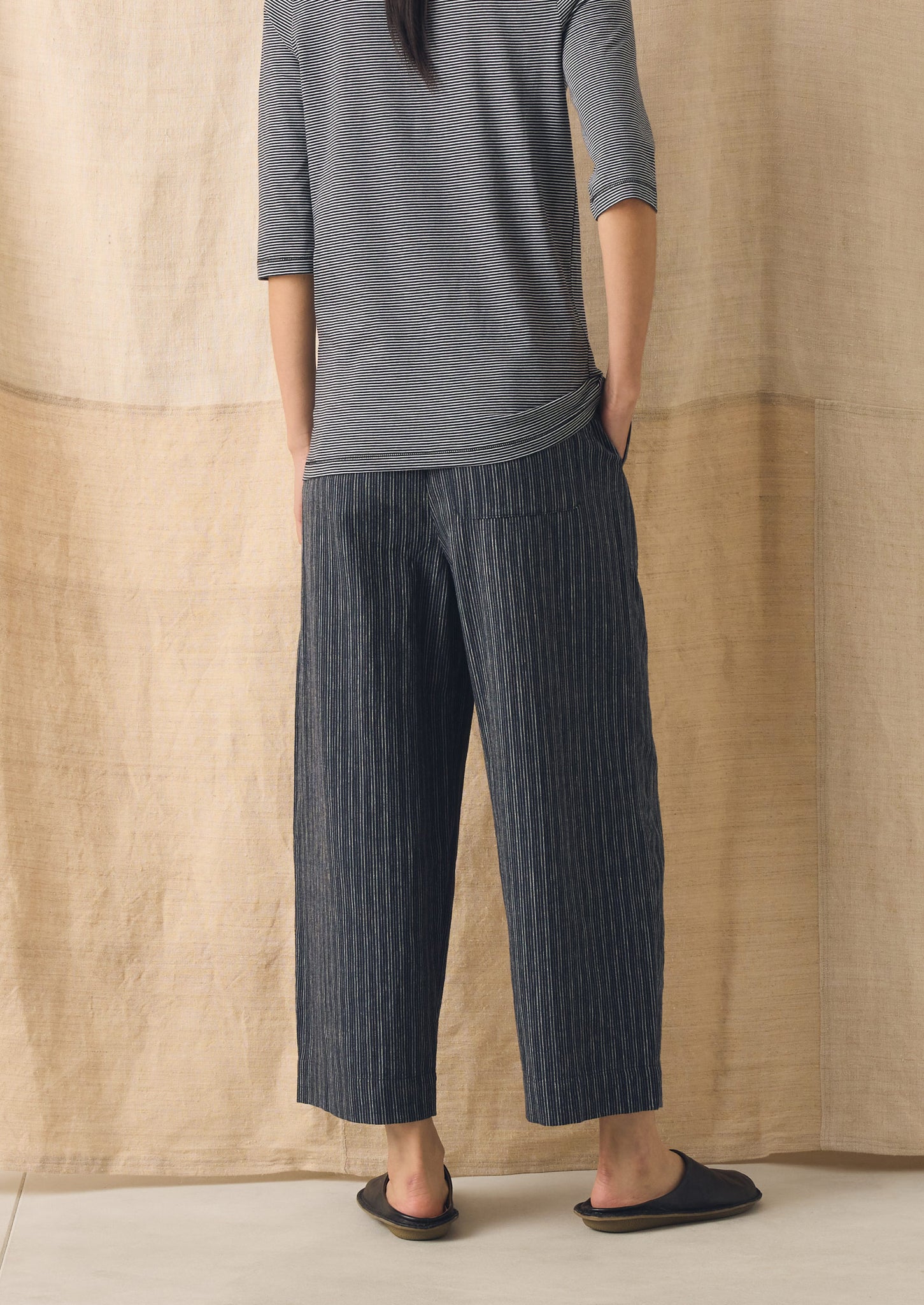 Stripe Linen Cotton Barrel Leg Trousers | Shadow Blue/Black | TOAST