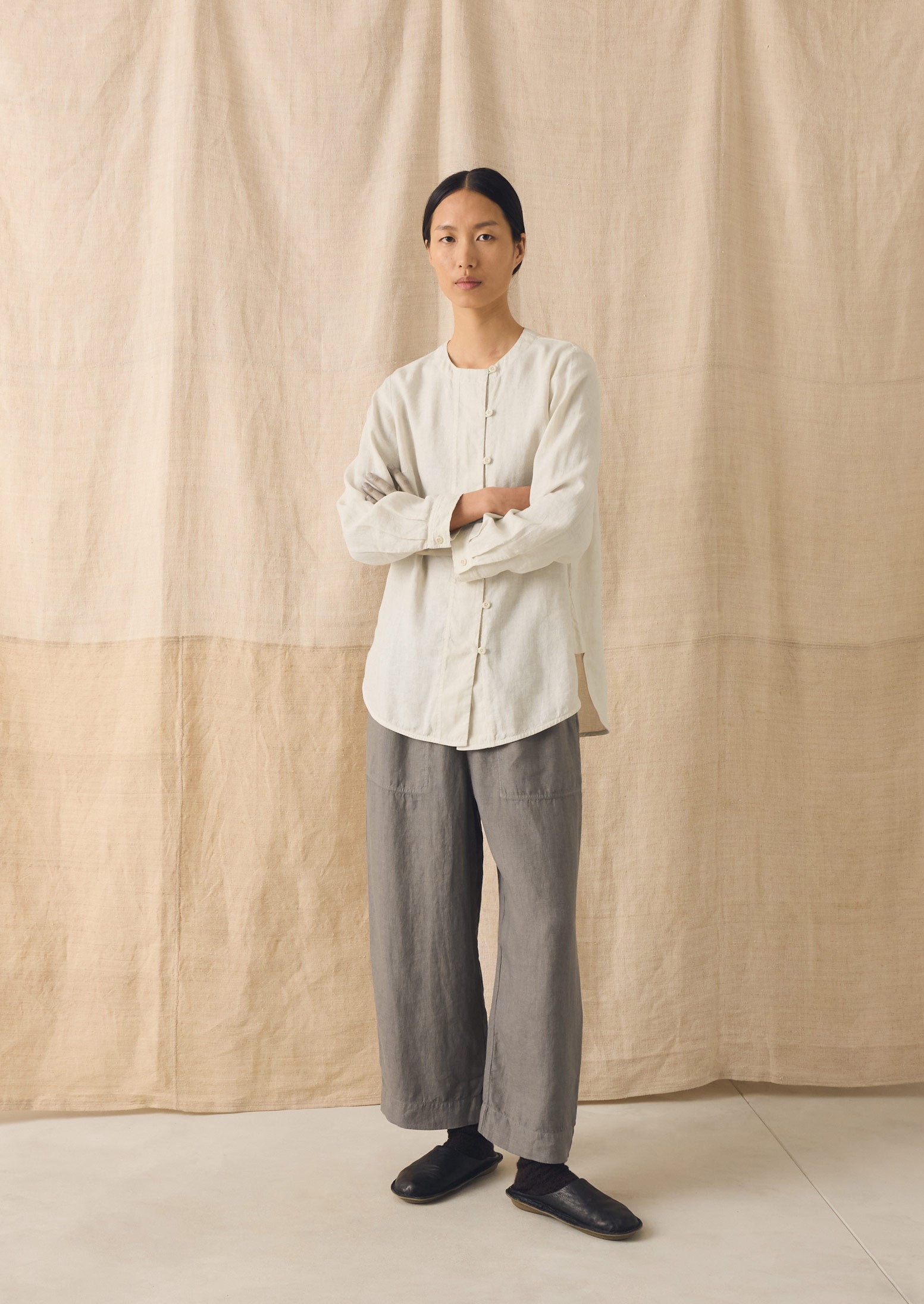 Garment Dyed Linen Barrel Leg Trousers | Iron | TOAST