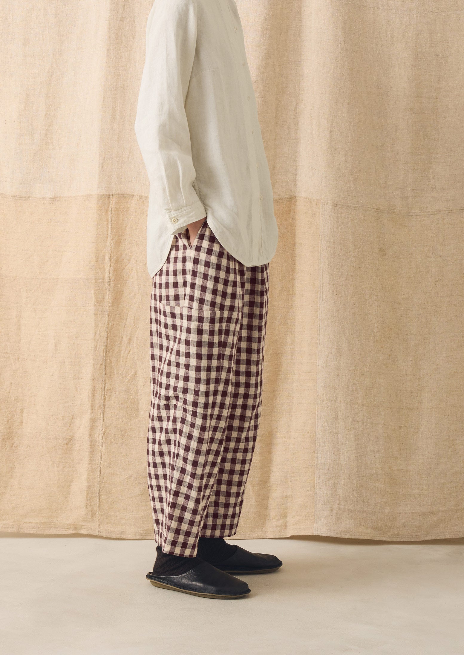 Gingham Linen Cotton Patch Pocket Trousers | Dark Chocolate/Ecru | TOAST