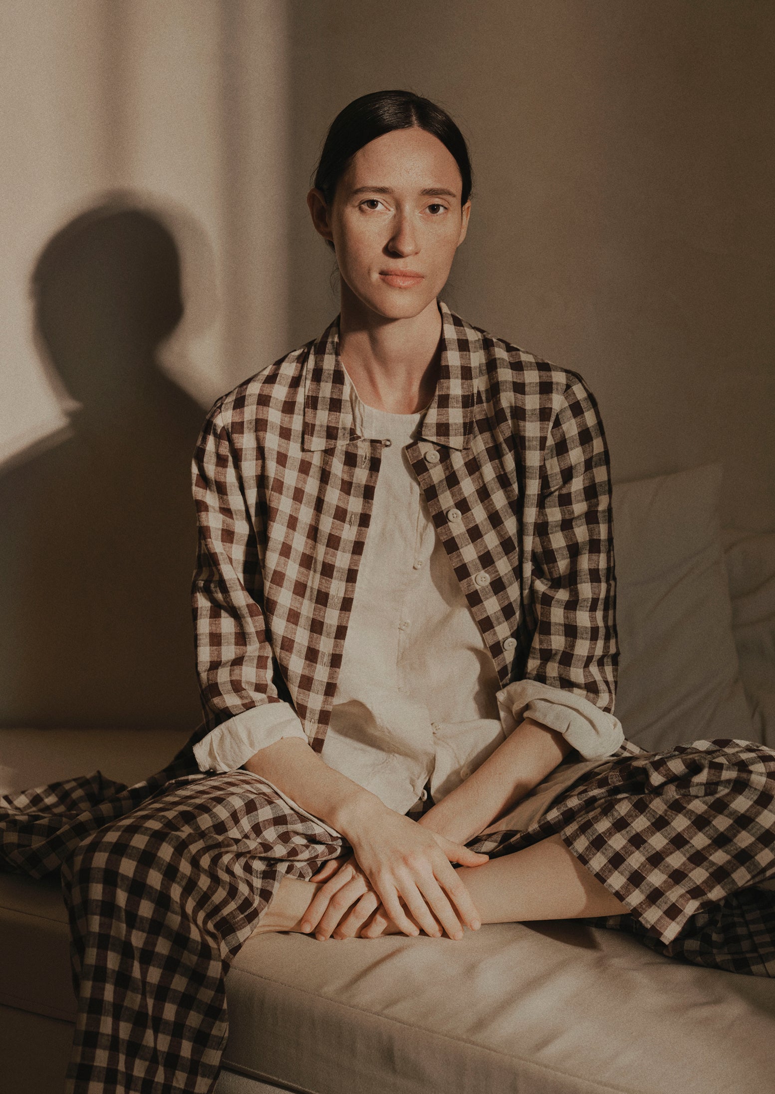 Gingham Linen Cotton Patch Pocket Trousers | Dark Chocolate/Ecru | TOAST