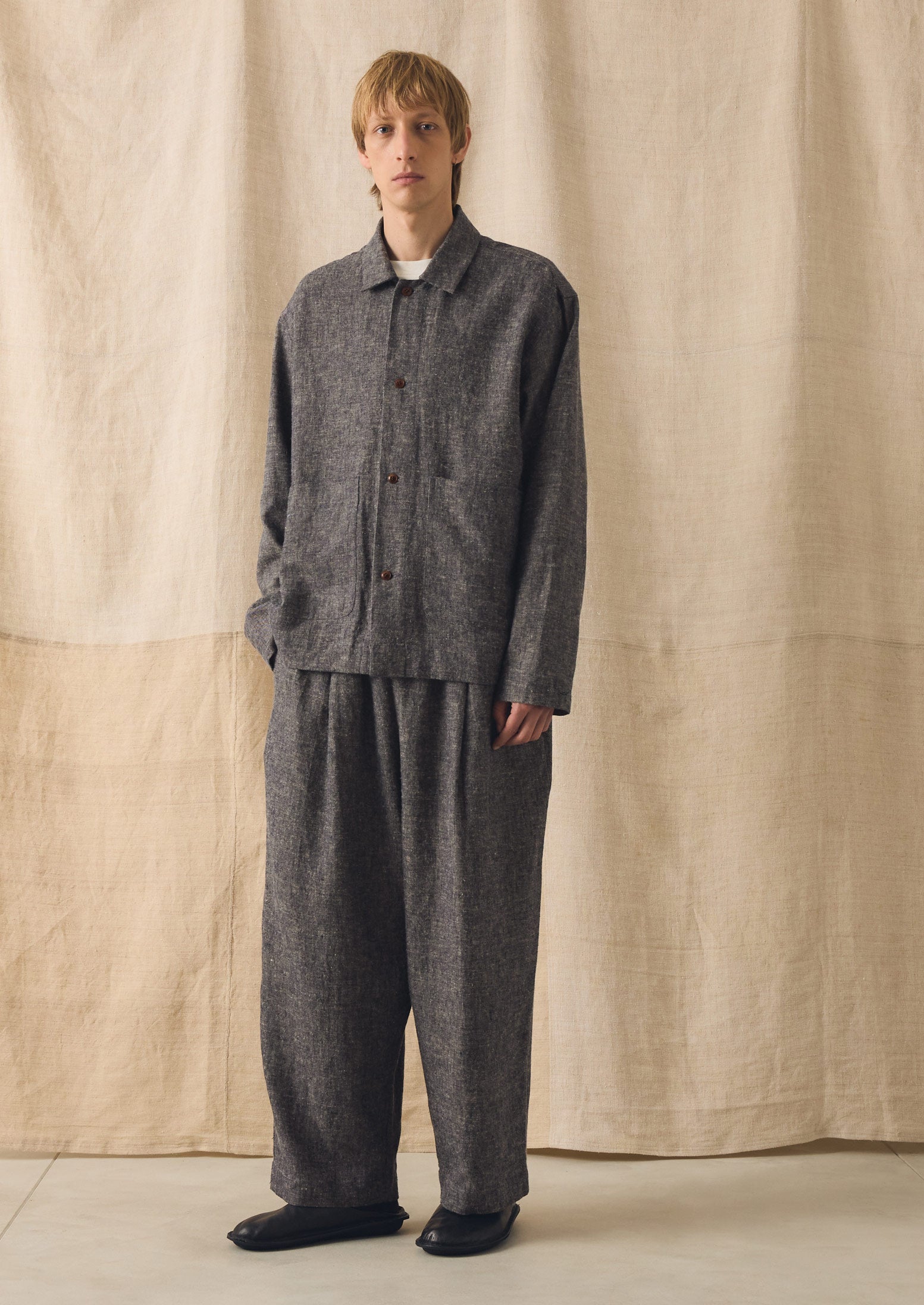 Pleated Linen Cotton Twill Trousers | Navy/Ecru | TOAST