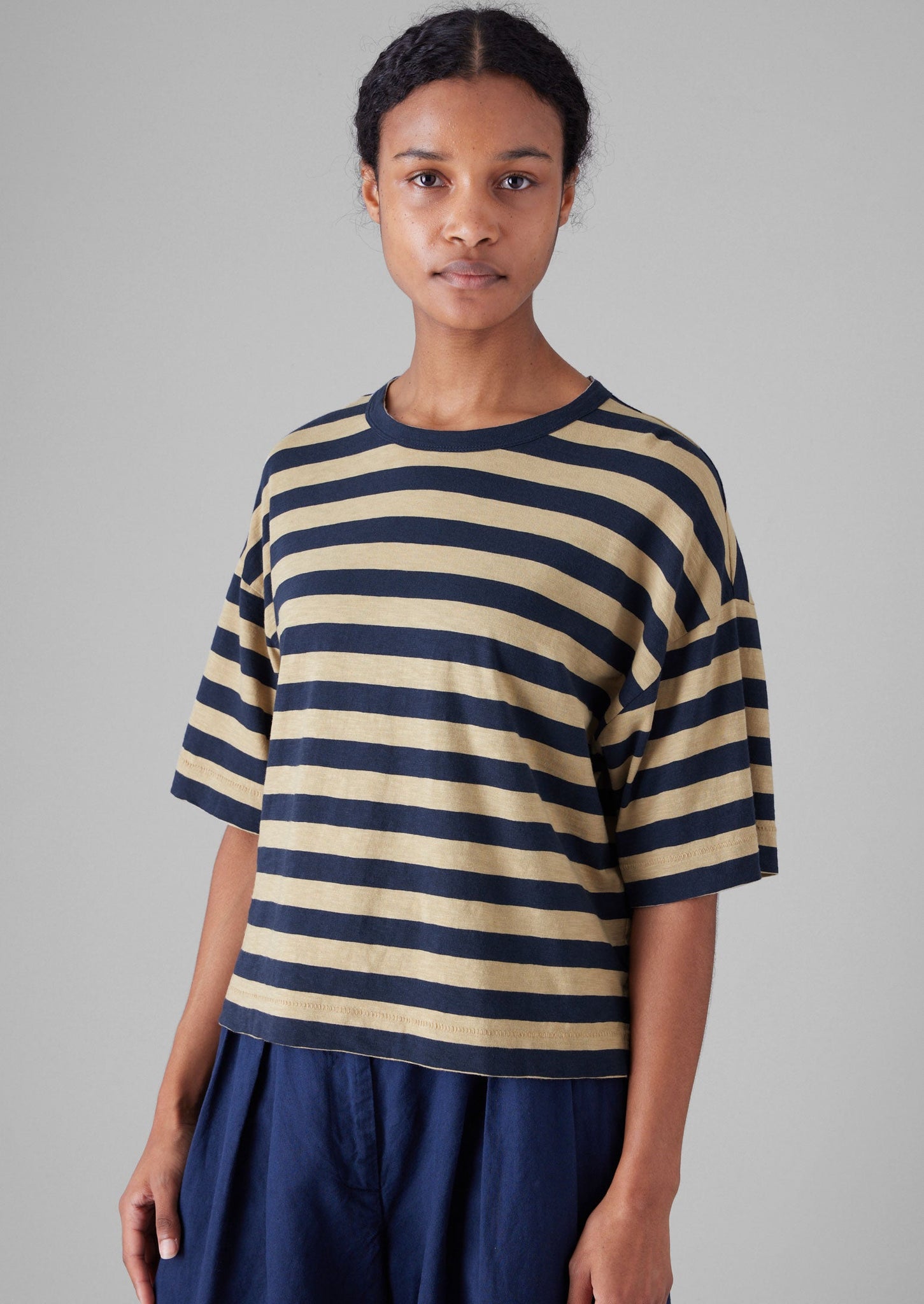 Bold Stripe Cotton Boxy Tee | Blue/Sand | TOAST