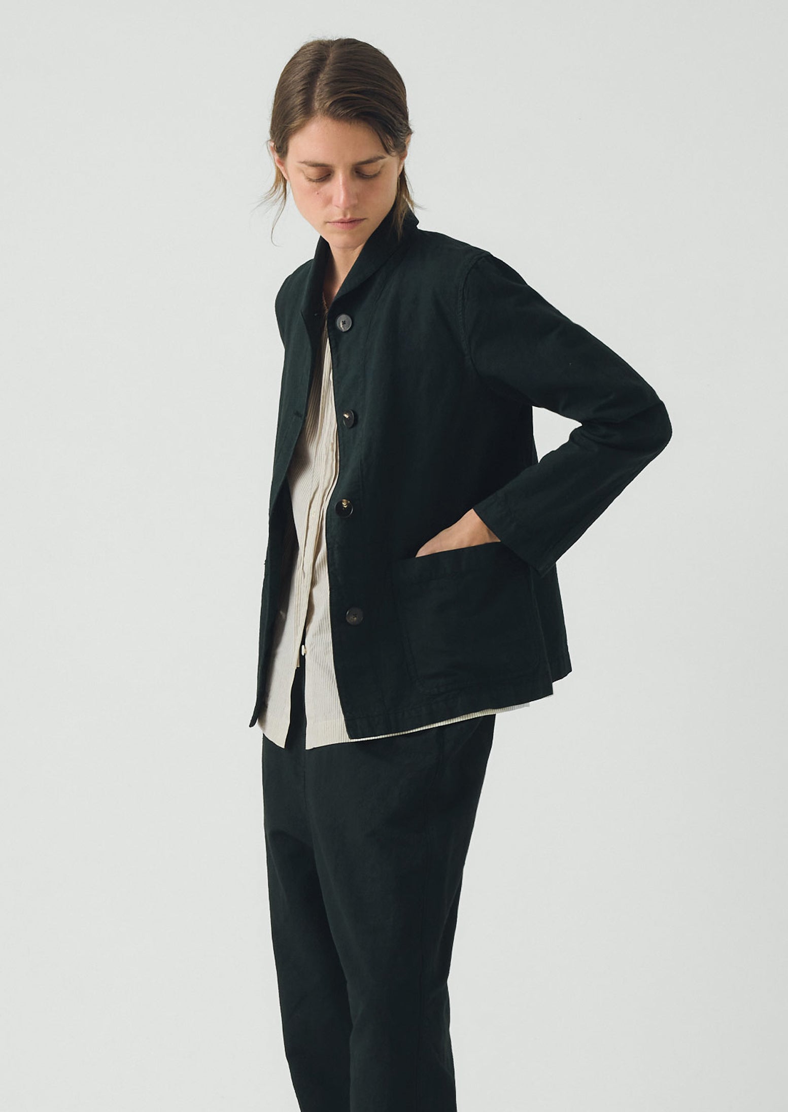 Hal Micro Houndstooth Cotton Linen Workwear Jacket | Oil Green | TOAST