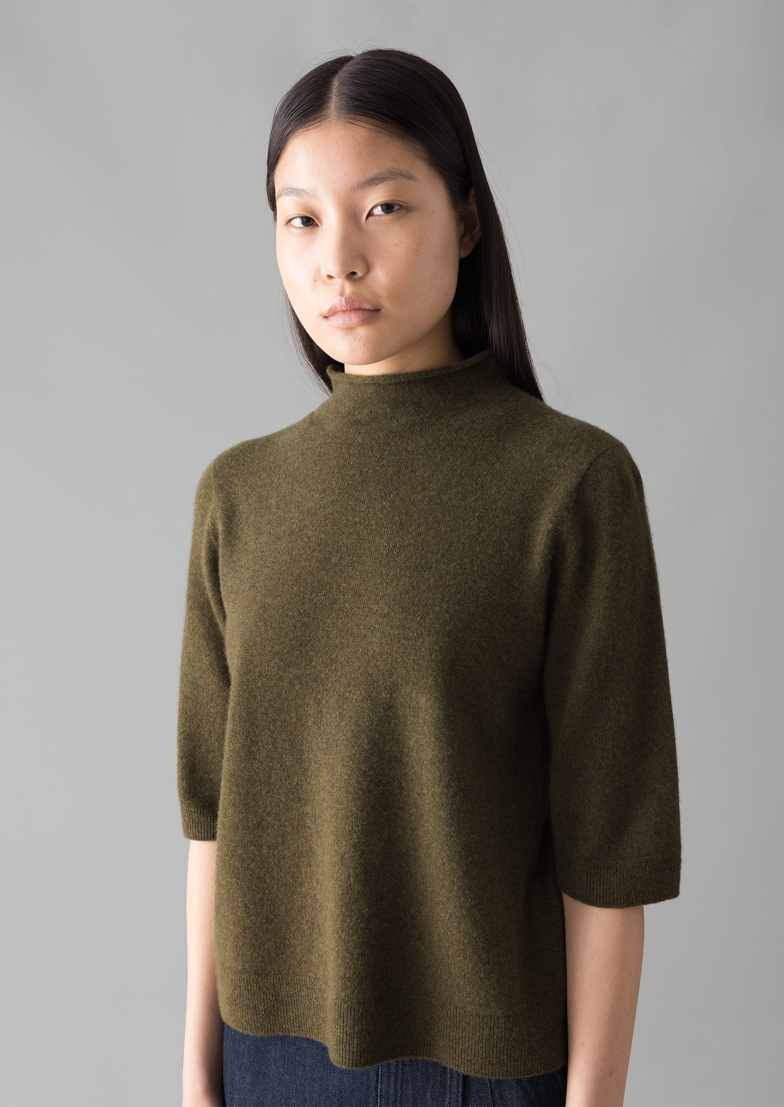 Fine Wool Cashmere Half Sleeve Sweater | Olive Melange | TOAST