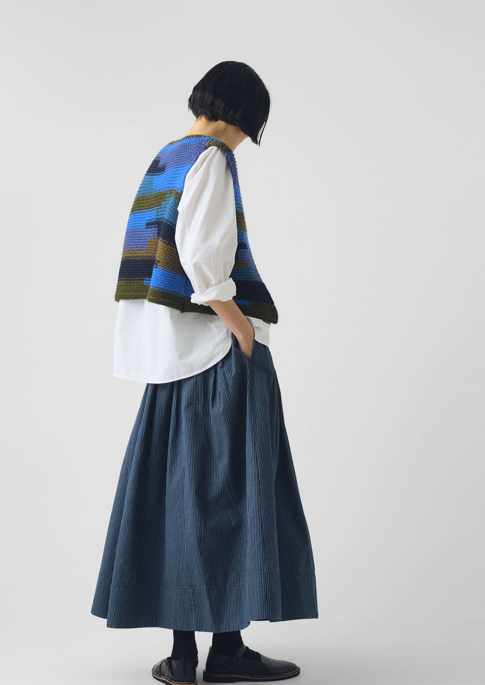 Patchwork Knitted Wool Gilet | Blue Multi | TOAST