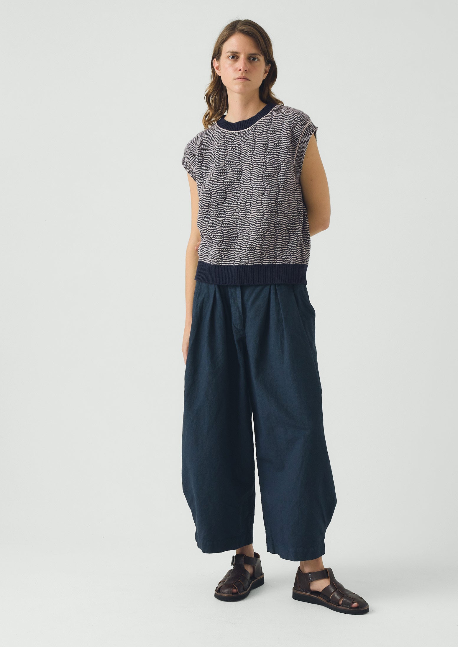 Wavy Stripe Knitted Wool Cotton Top | Navy/Parchment | TOAST