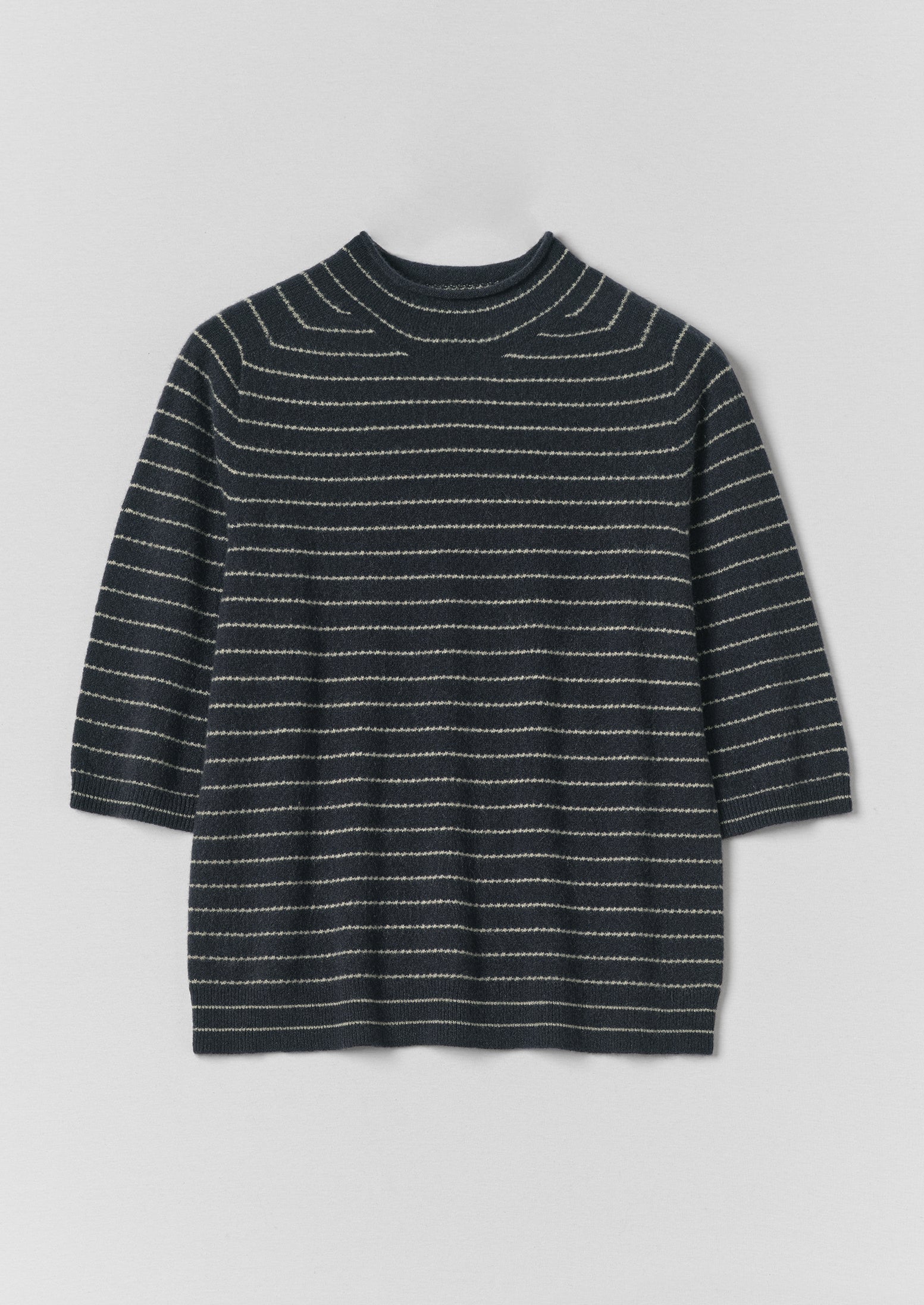 Fine Stripe Wool Cashmere Half Sleeve Sweater | Navy/Camel | TOAST