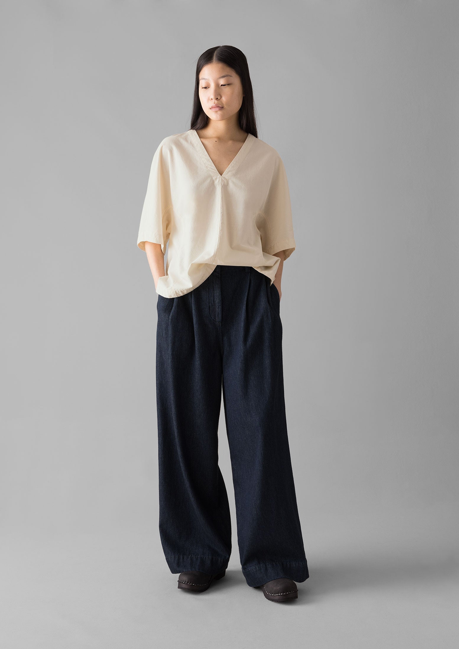 Textured Cotton Poplin V-Neck Top | Ecru | TOAST