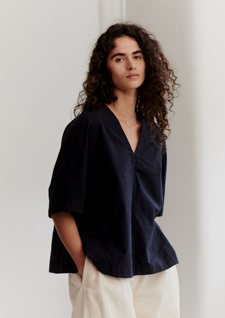 Textured Cotton Poplin V-Neck Top | Ink | TOAST