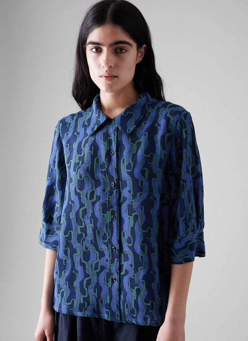 Gia Ribbon Print Shirt | Multi Blue/Copper Green | TOAST