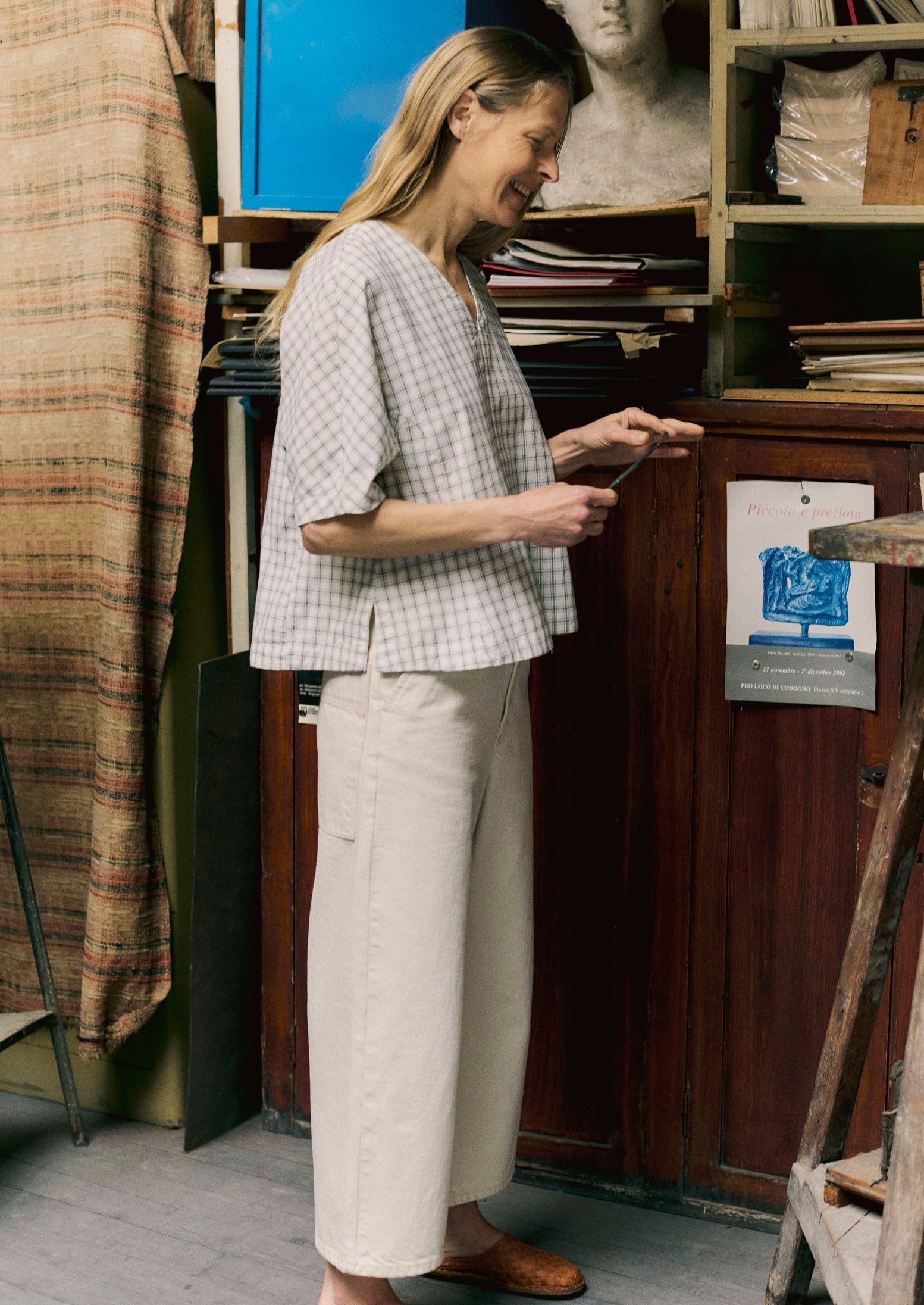 Cotton Window Pane Check V Neck Top | Ecru/Slate | TOAST